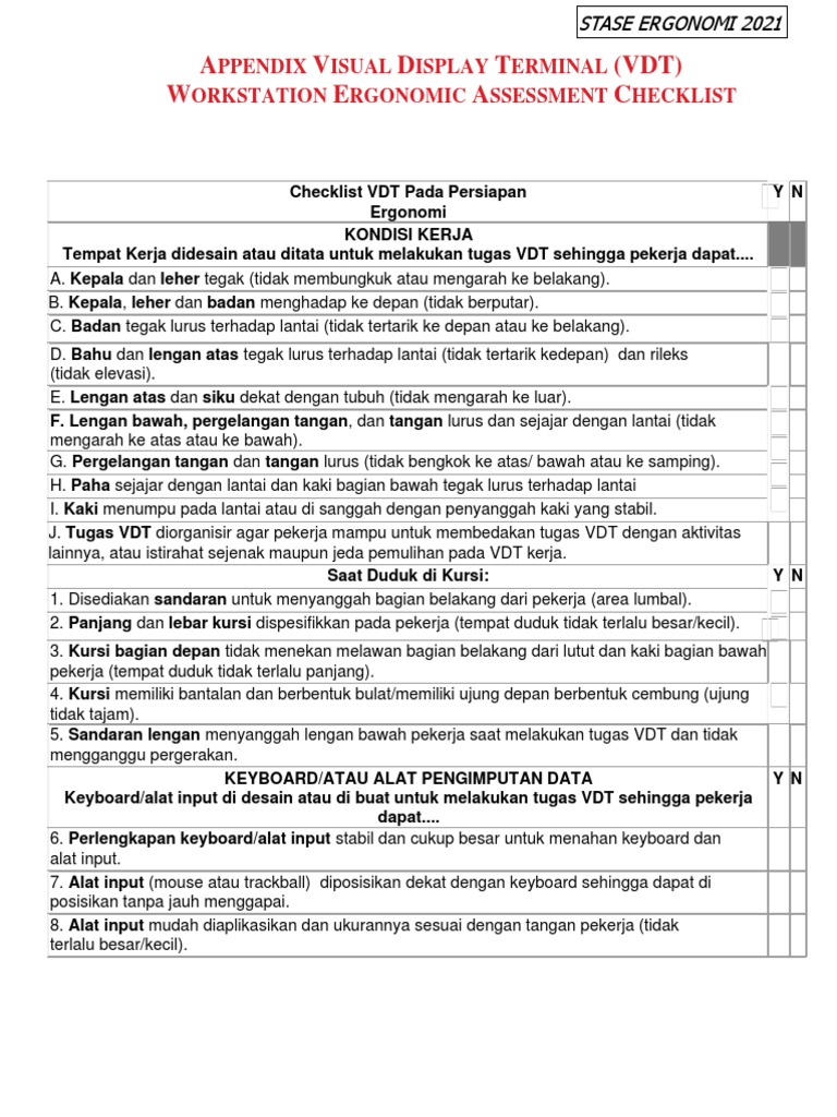 Ergonomic Assessment of a Workstation for Visual Display Terminal Use | PDF