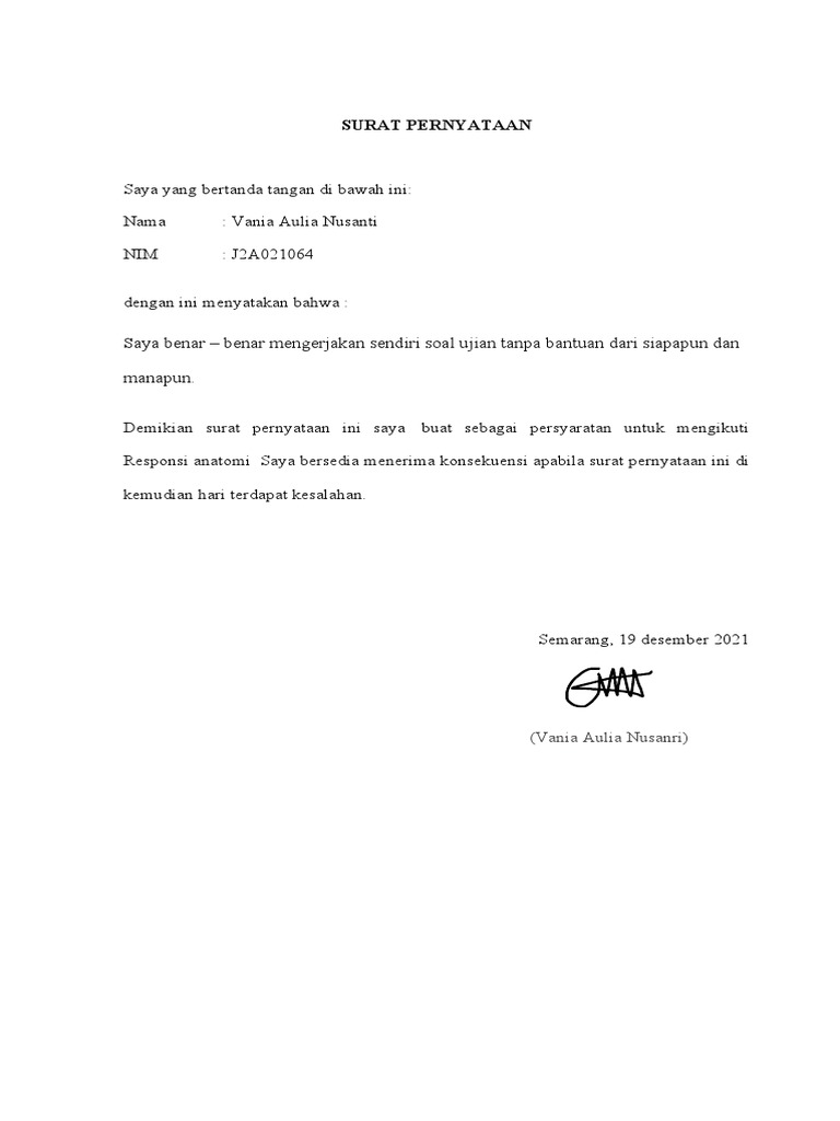 Surat Pernyataan Ujian Responsi Anatomi | PDF