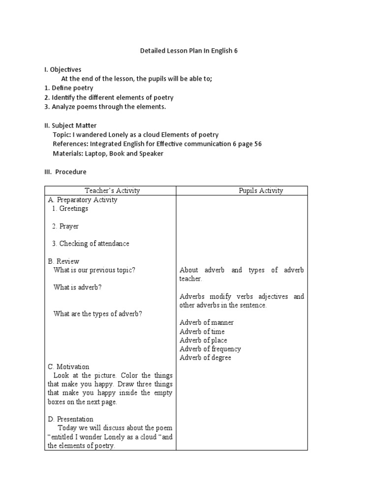 Elements of Poetry Lesson Plan | PDF | Adverb | Poetry