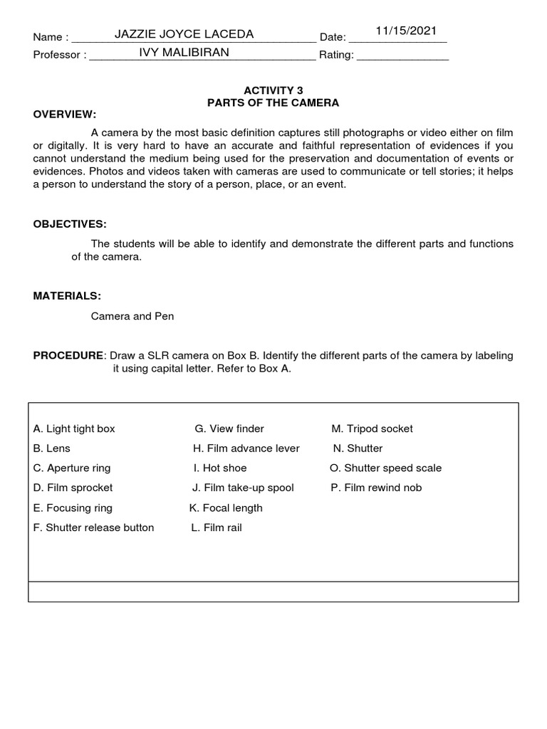 Activity 3 - Parts of Camera | PDF | Camera | Shutter (Photography)