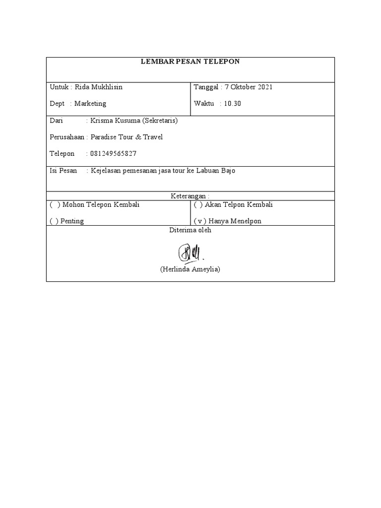 Contoh Lembar Pesan Telepon | PDF