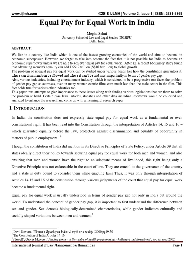 Equal Pay For Equal Work in India | PDF | Gender Pay Gap | Equal Pay ...