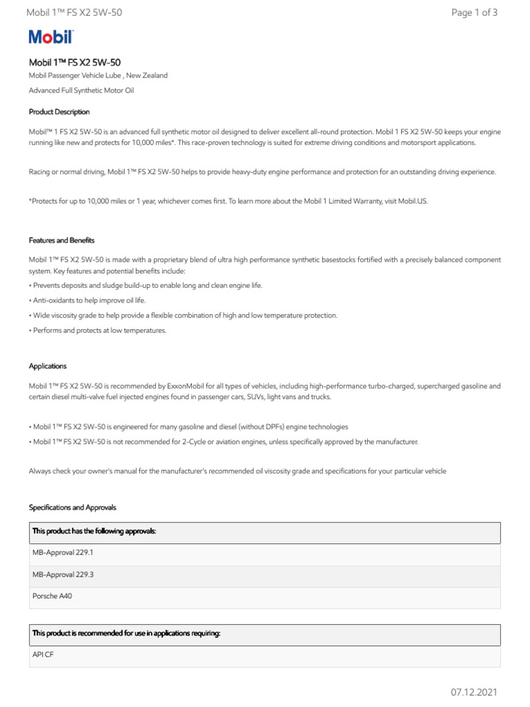 GL XX Mobil 1 FS X2 5W 50 | PDF | Motor Oil | Exxon Mobil