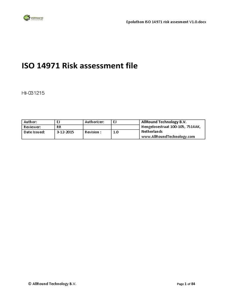 ISO 14971 Risk Assessment File | PDF | Risk | Medical Device