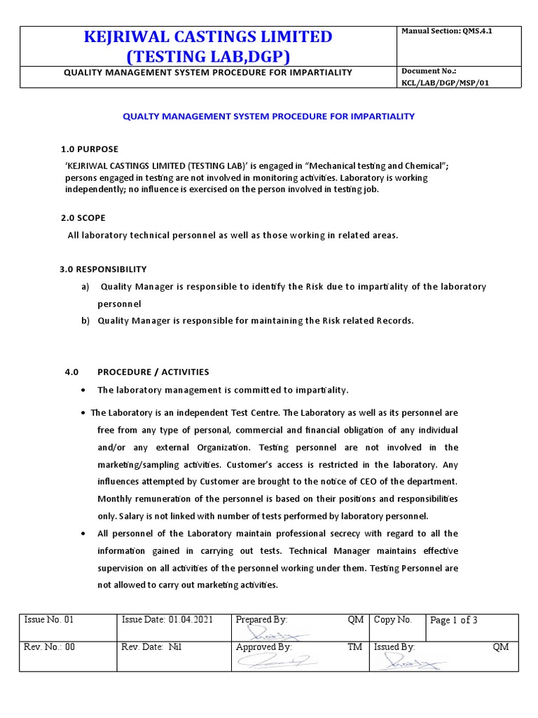 Kejriwal Castings Limited (Testing Lab, DGP) : Qualty Management System ...