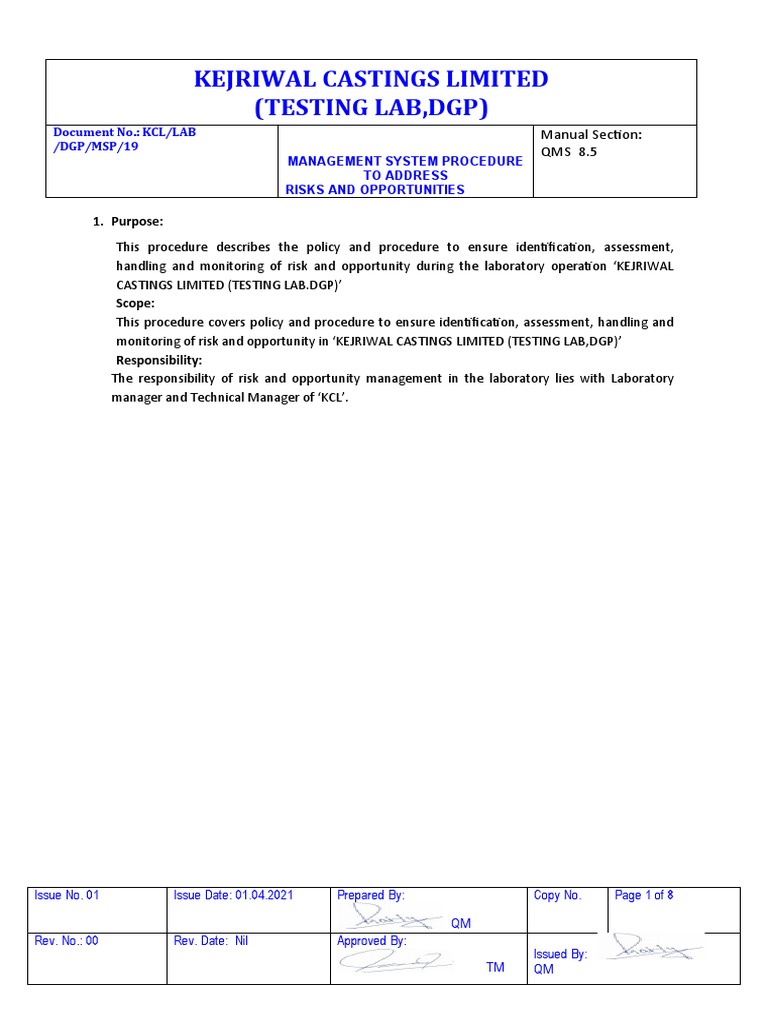 QMSP-19 Procedure To Address Risks and Opportunities | PDF | Risk ...