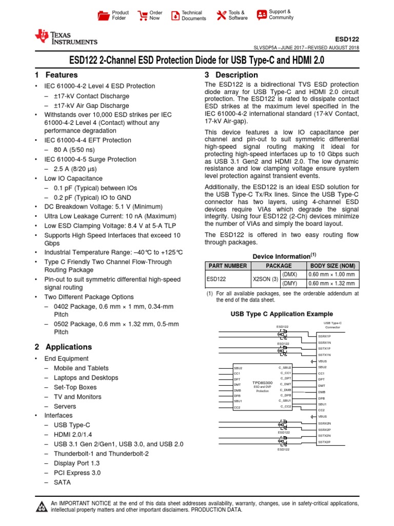 ESD122 2-Channel ESD Protection Diode For USB Type-C and HDMI 2.0 | PDF ...
