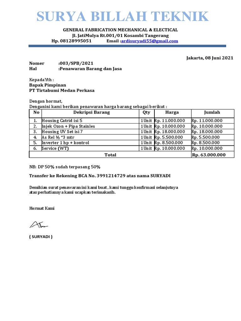 Surat Penawaran Perbaikan Dan Maintenance WTP | PDF