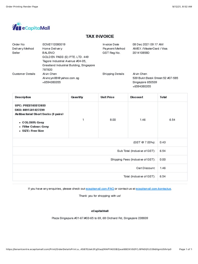 Tax Invoice for the Purchase of Three Pairs of Antibacterial Short ...