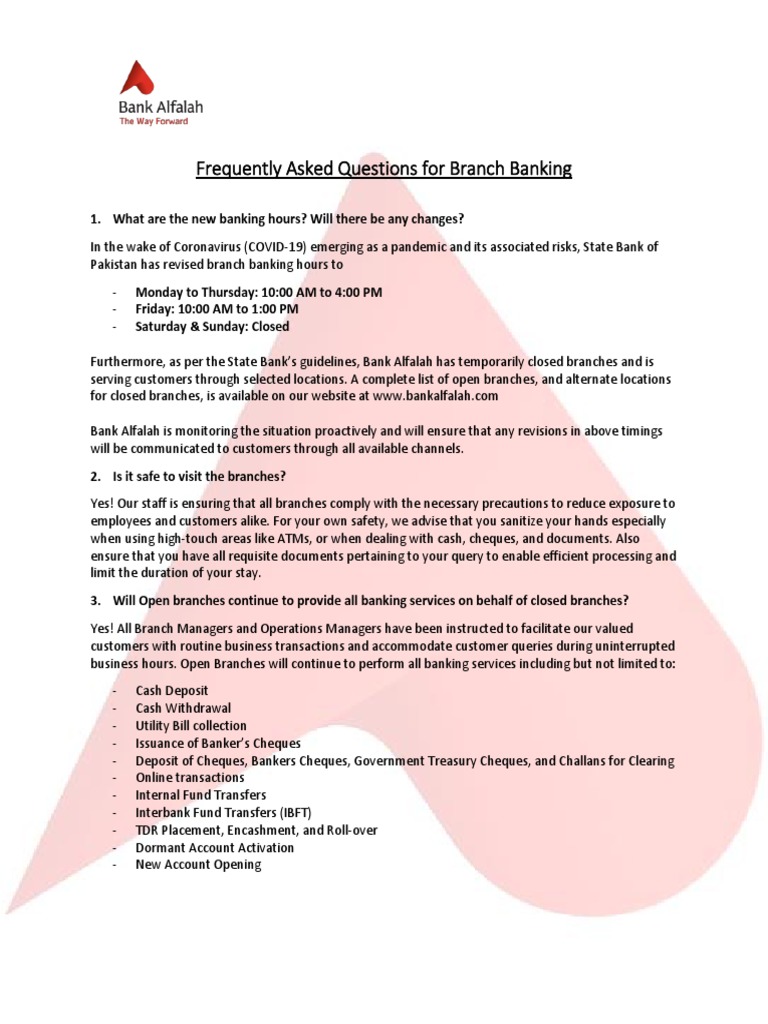 Frequently Asked Questions For Branch Banking | PDF | Banks | Debit Card