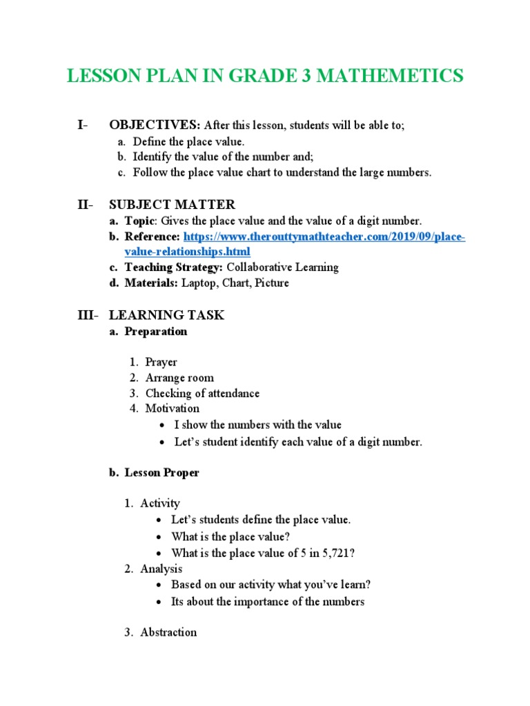 Lesson Plan in Grade 3 Mathemetics | PDF | Lesson Plan | Numbers