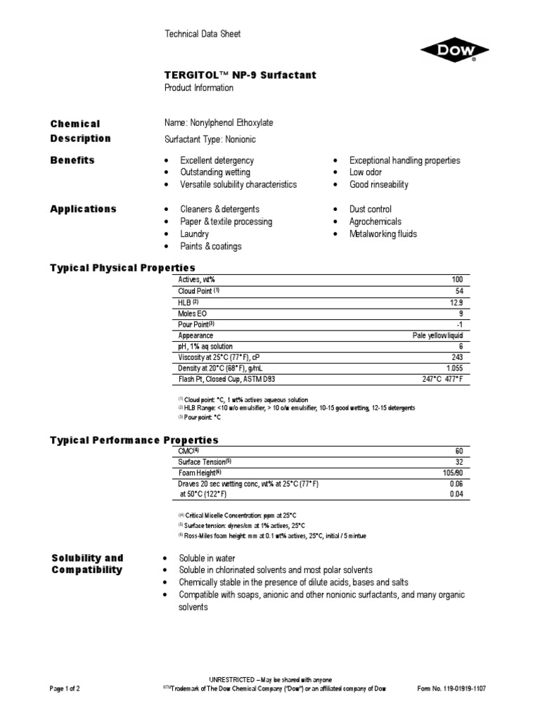 Tergitol np9 Surfactant Tds | PDF | Surfactant | Materials