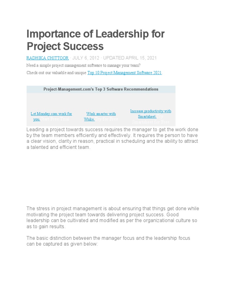 Leadership's Role in Project Success | PDF | Project Management ...