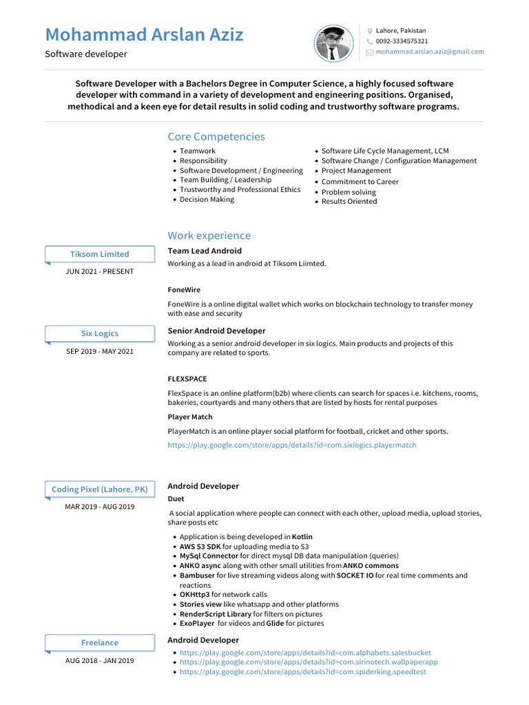 Software Engineer Sample CV For Pakistan | PDF | J Query | Android ...
