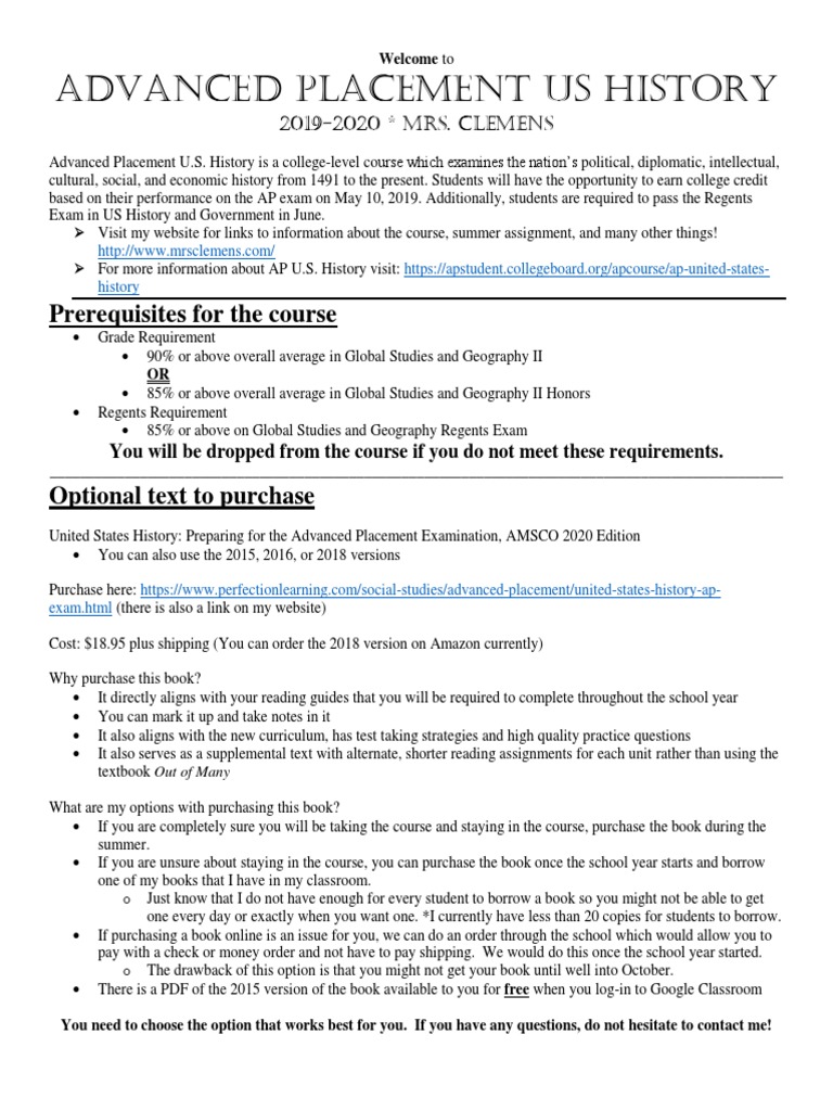 APUSH Welcome Handout 2019 | PDF | Advanced Placement | Test (Assessment)