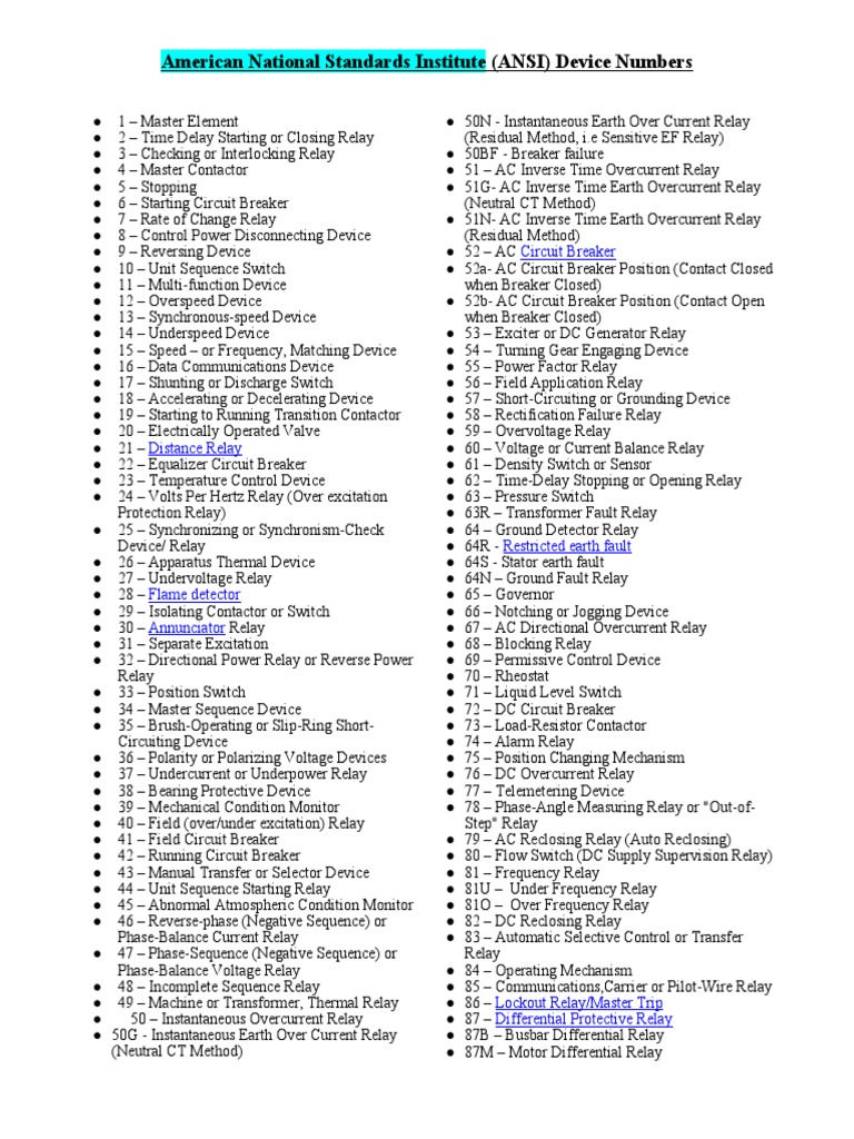 ANSI Device Numbers 14-12-2015 | PDF | Relay | Alternating Current