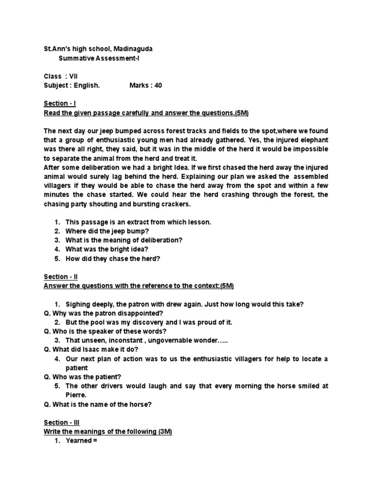 Class 7 ENGLISH SA 1 | PDF