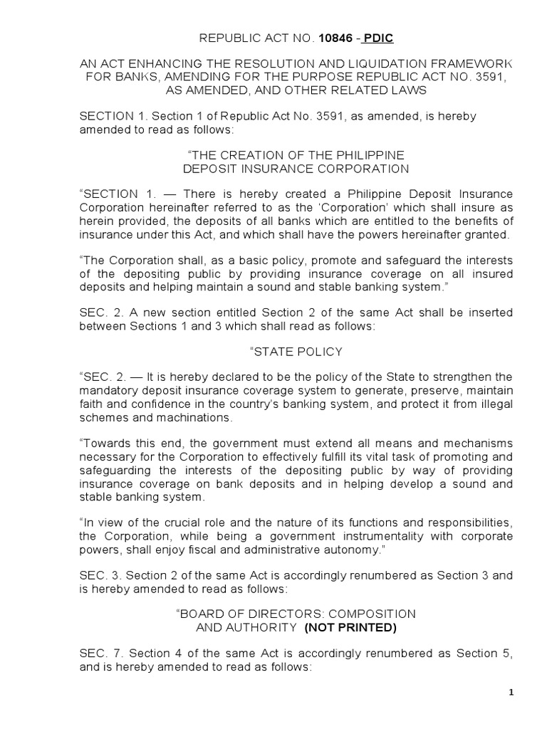 RA 10846 PDIC Law Excerpts | PDF | Banks | Liquidation