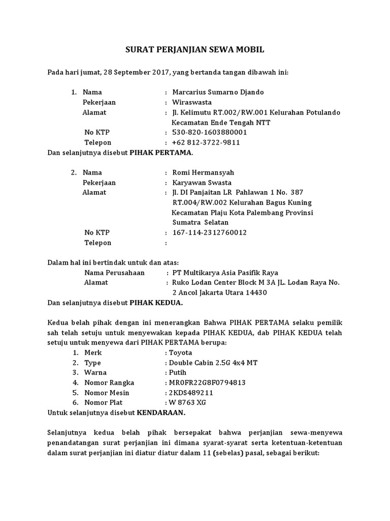 Surat Perjanjian Sewa Mobil | PDF