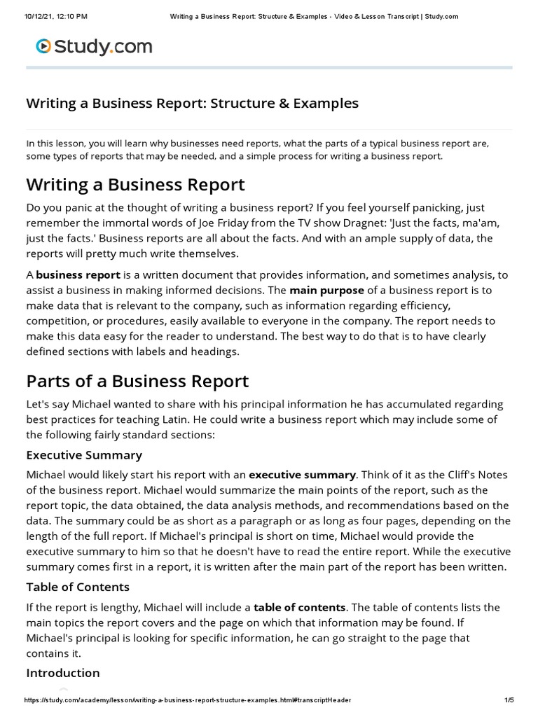 Writing A Business Report - Structure & Examples - Video & Lesson ...