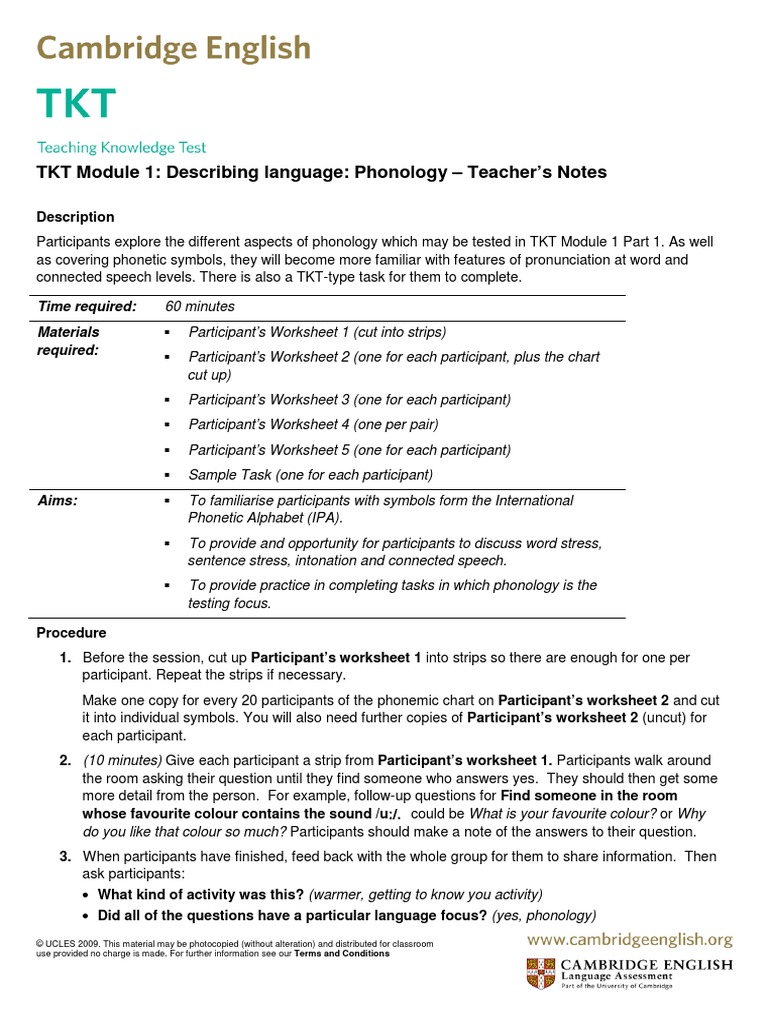TKT Module 1: Describing Language: Phonology - Teacher's Notes | PDF ...