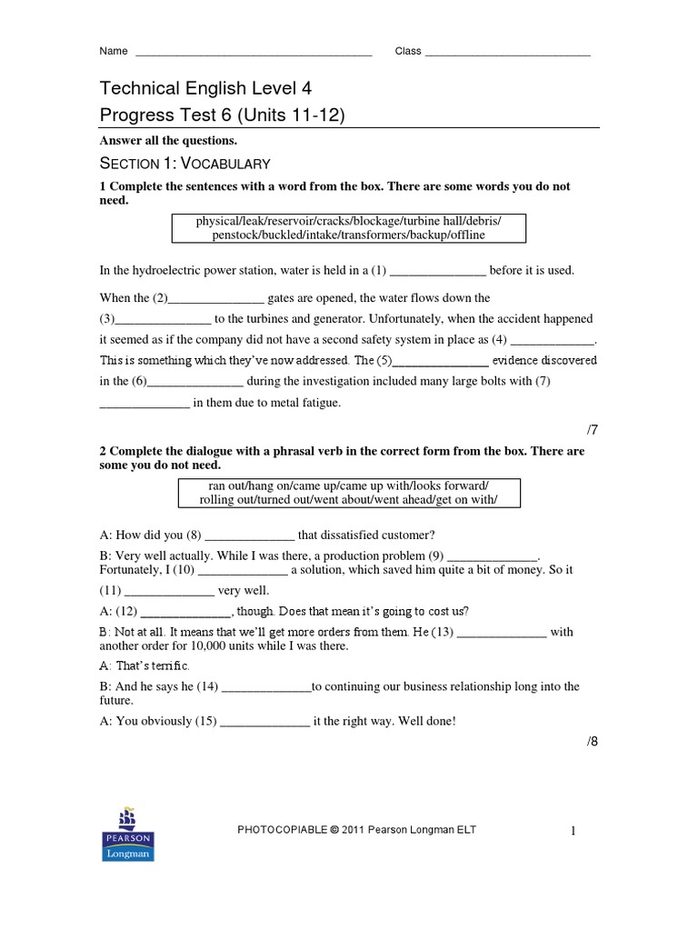 Technical English Level 4 Progress Test 6 (Units 11-12) : Answer All ...