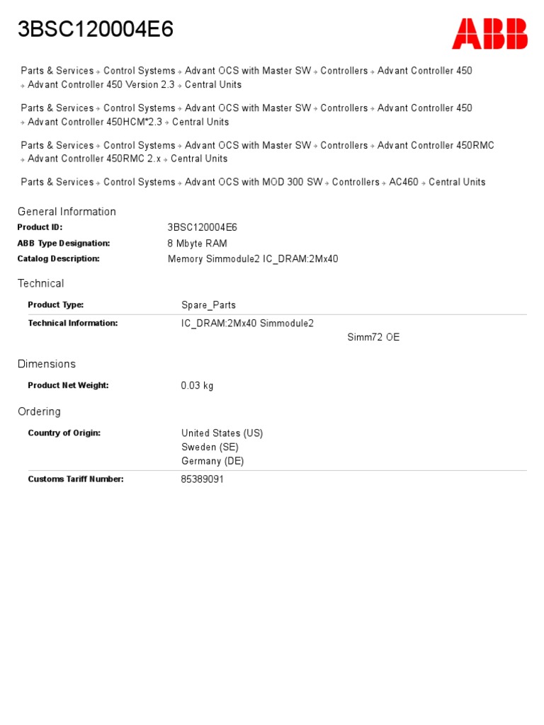 3BSC120004E6 Memory Simmodule2 Ic Dram2mx40 | PDF