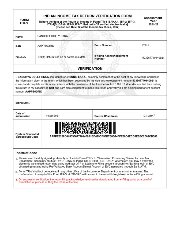 Indian Income Tax Return Verification Form: Form Itr-V Assessment Year ...