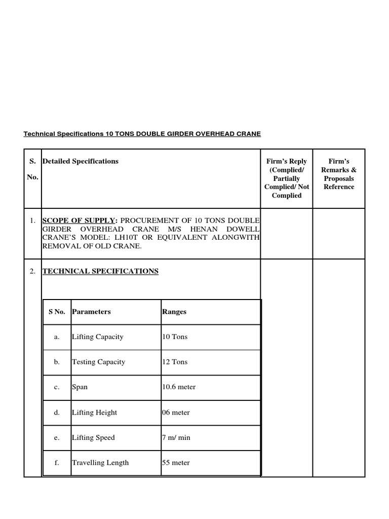 S. No. Detailed Specifications | PDF | Crane (Machine) | Equipment