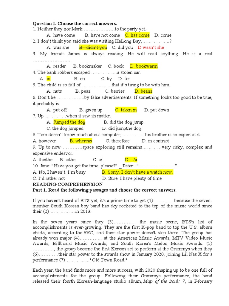 English Quiz & BTS Reading | PDF