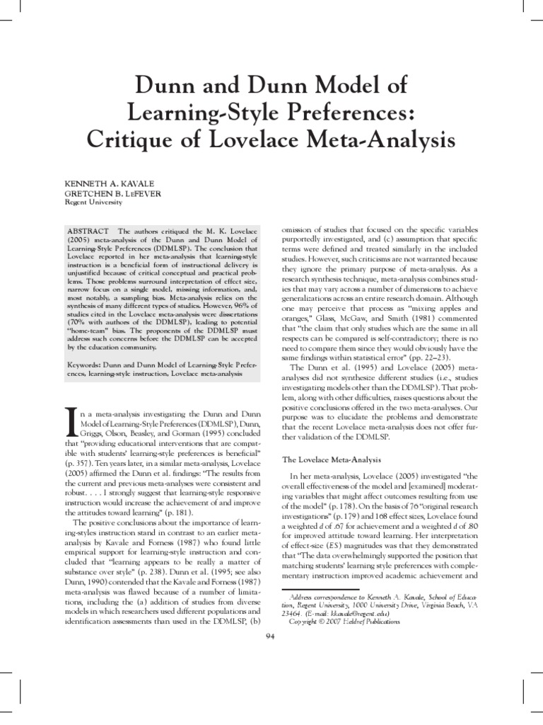 dunn and dunn model of learning-style preferences critique of lovelace ...