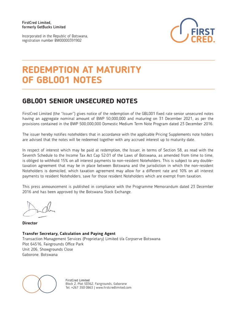 Redemption at Maturity Firstcred | PDF | Finance & Money Management