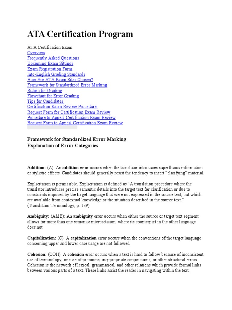ATA Certification Program: Framework For Standardized Error Marking ...