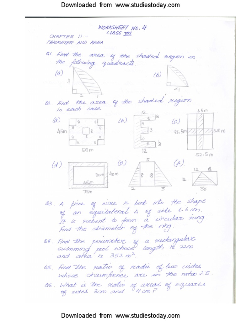 CBSE Class 7 Maths Worksheet - Perimeter and Area | PDF