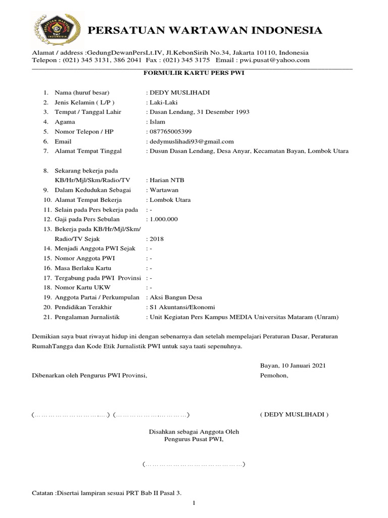 FORMULIR KARTU PERS PWI-dikonversi | PDF