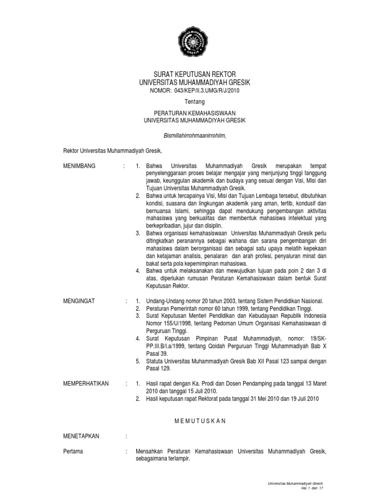 Surat Keputusan Rektor Universitas Muhammadiyah Gresik | PDF