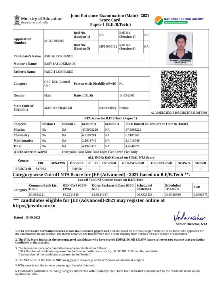 Joint Entrance Examination (Main) - 2021 Score Card Paper-1 (B.E./B ...