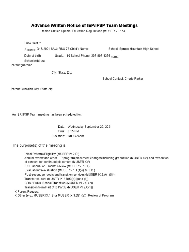 Advance Written Notice of IEP/IFSP Team Meetings | PDF | Individualized ...