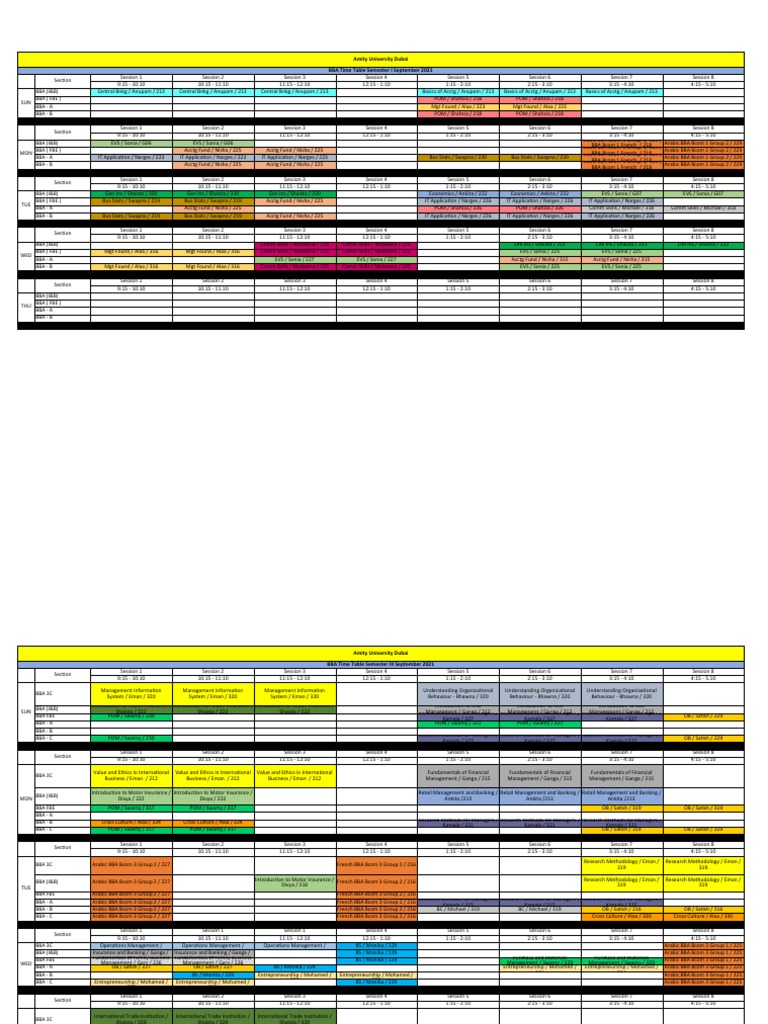 Amity University Dubai BBA Time Table Semester I September 2021 | PDF ...