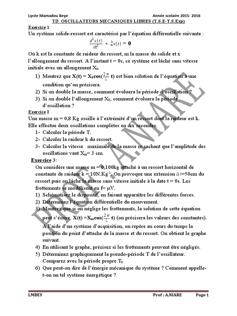 TD Oscillateurs Mecaniques Libres 2016 | PDF | Pendule (physique) | Masse