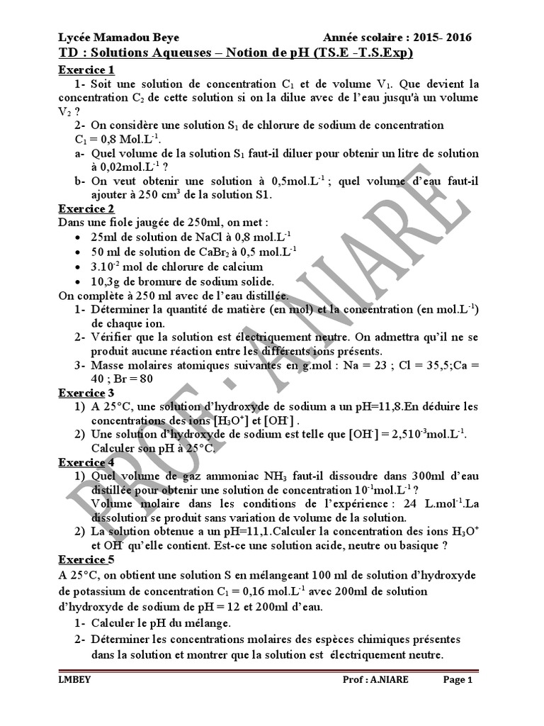 TD Solutions Aqueuses - Acide Fort Base Forte PH 2016 | PDF | Ph | Concentration molaire