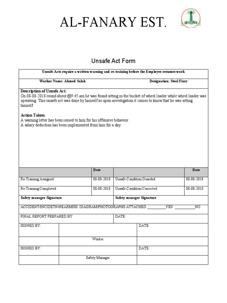 Al-Fanary Est.: Unsafe Act Form | PDF