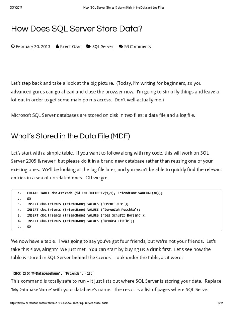 How Sql Server Stores Data On Disk In The Data And Log Files Pdf Microsoft Sql Server