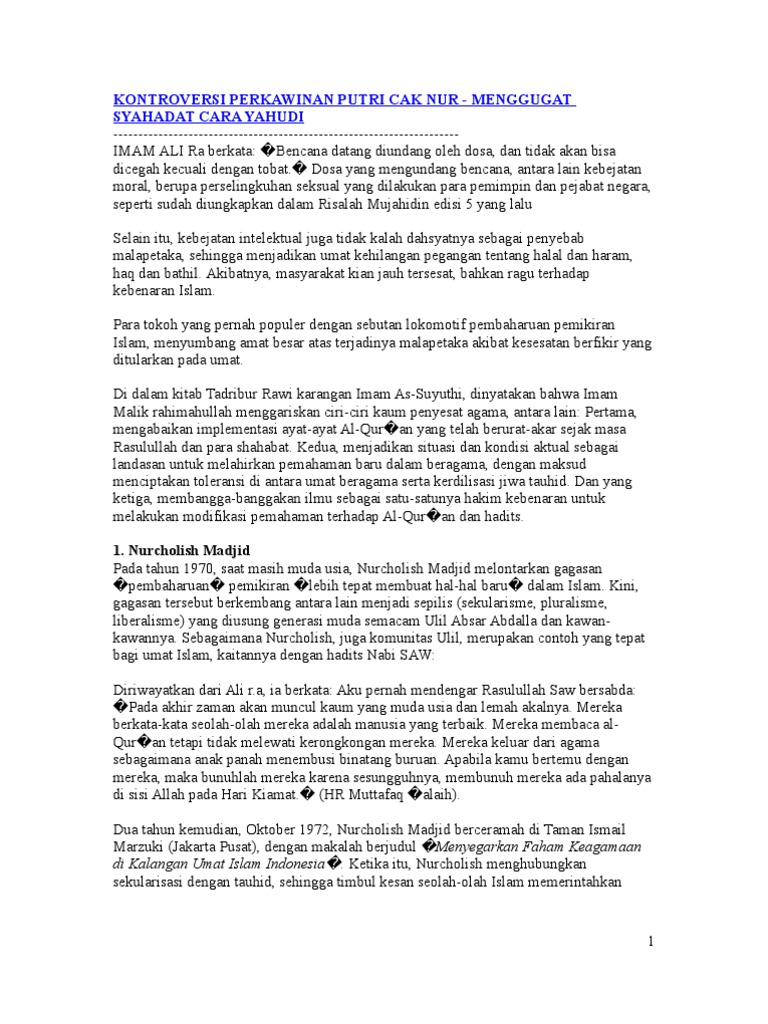 TOKOH JIL: NURCHOLIS MADJID - Kontroversi Perkawinan Putri Cak Nur | PDF