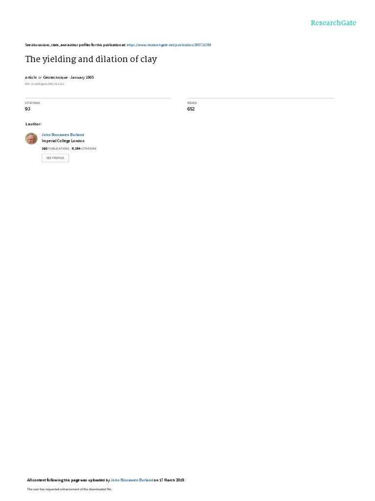 The Yielding and Dilation of Clay: Géotechnique January 1965 | PDF