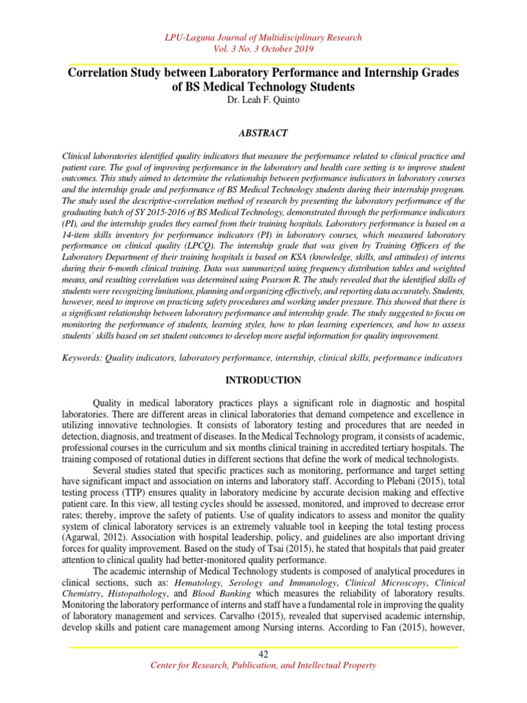 Correlation Study Between Laboratory Performance and Internship Grades ...