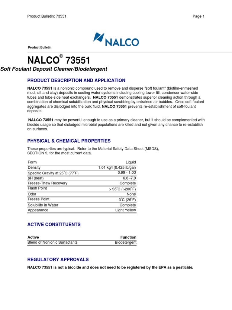 Nalco 73551: Soft Foulant Deposit Cleaner/Biodetergent | PDF | Heat ...