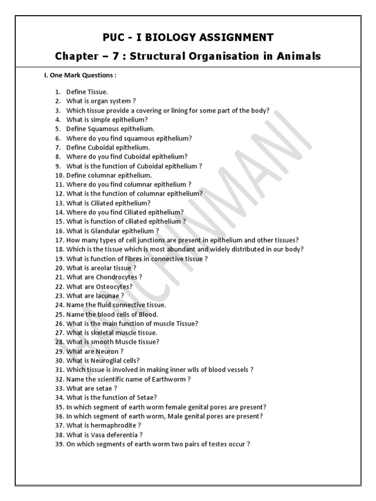 Puc - I Biology Assignment Chapter - 7: Structural Organisation in ...