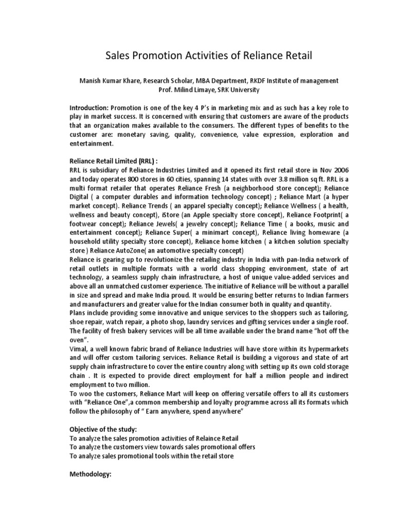 8 A Study On Sales Promotion Activities of Reliance Retaill | PDF ...