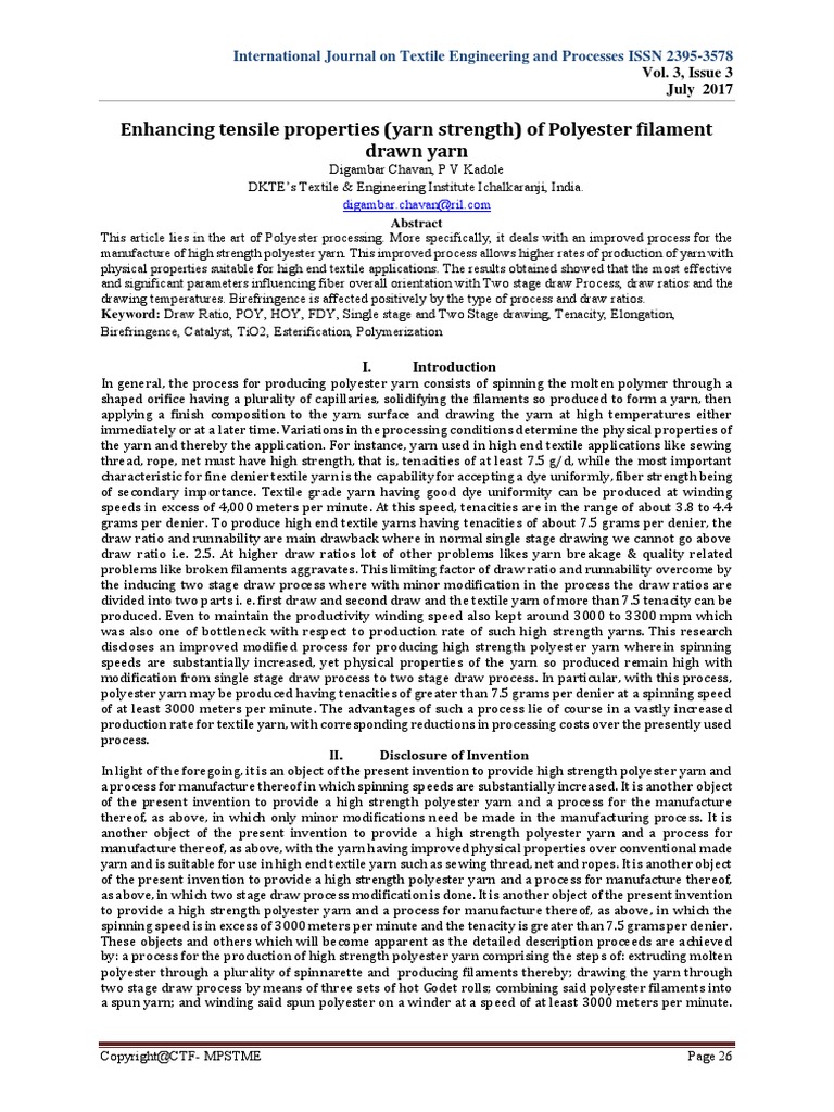 Enhancing Tensile Properties Yarn Strength of Polyester Filament Drawn ...